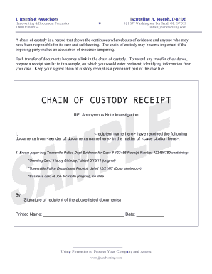 Fillable Online Sample of Chain of Custody Receipt - J. Joseph ...