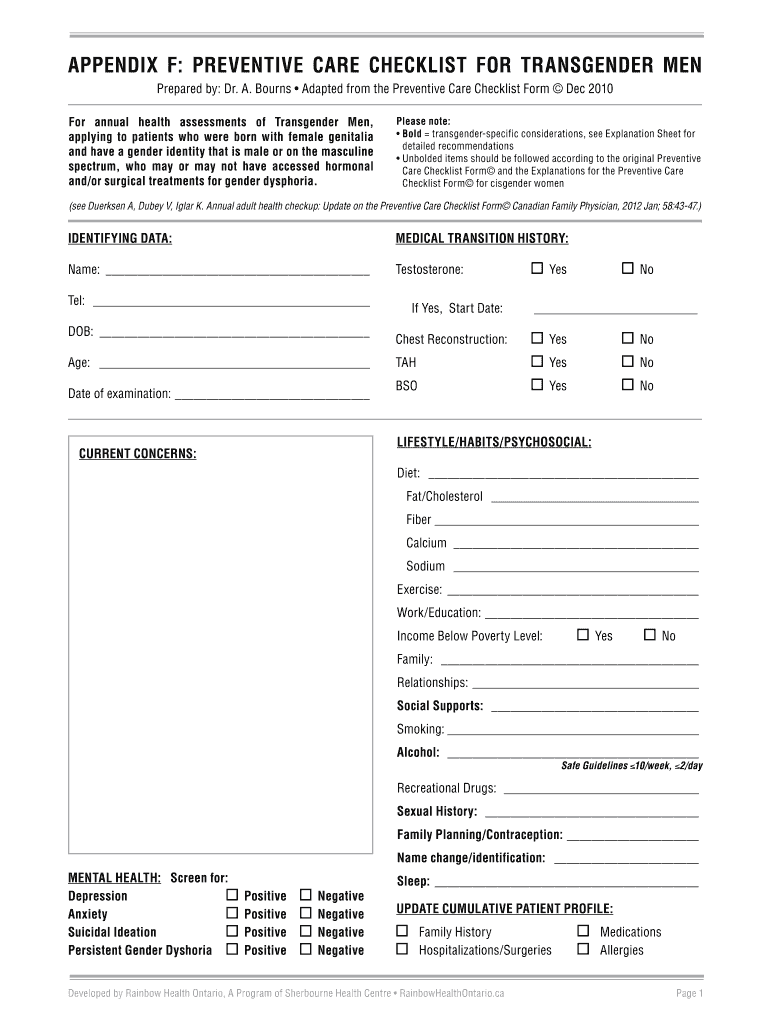 Fillable Online Appendix f preventive care checklist for transgender ...
