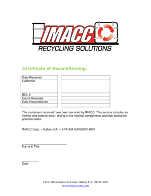 Fillable Online Certificate of Reconditioning: - IMACC Corp Fax Email ...