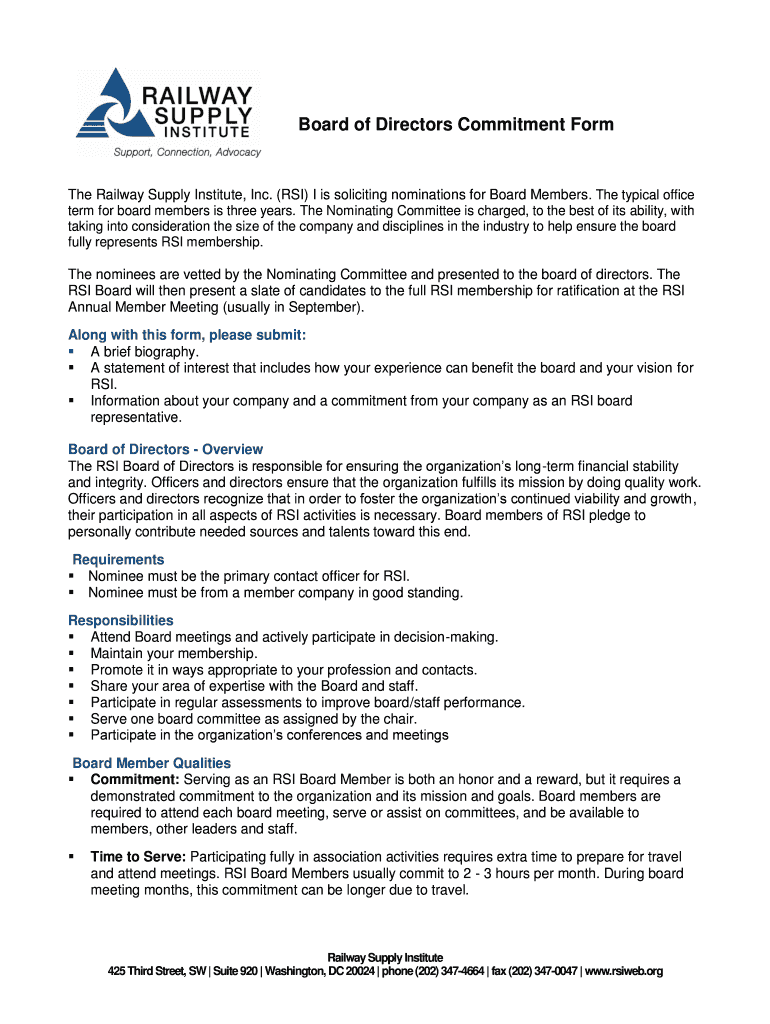 Fillable Online rsiweb Board of Directors Commitment Form - Railway ...