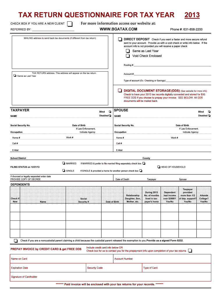 Fillable Online Tax return questionnaire for tax year 2013 - OA Tax ...