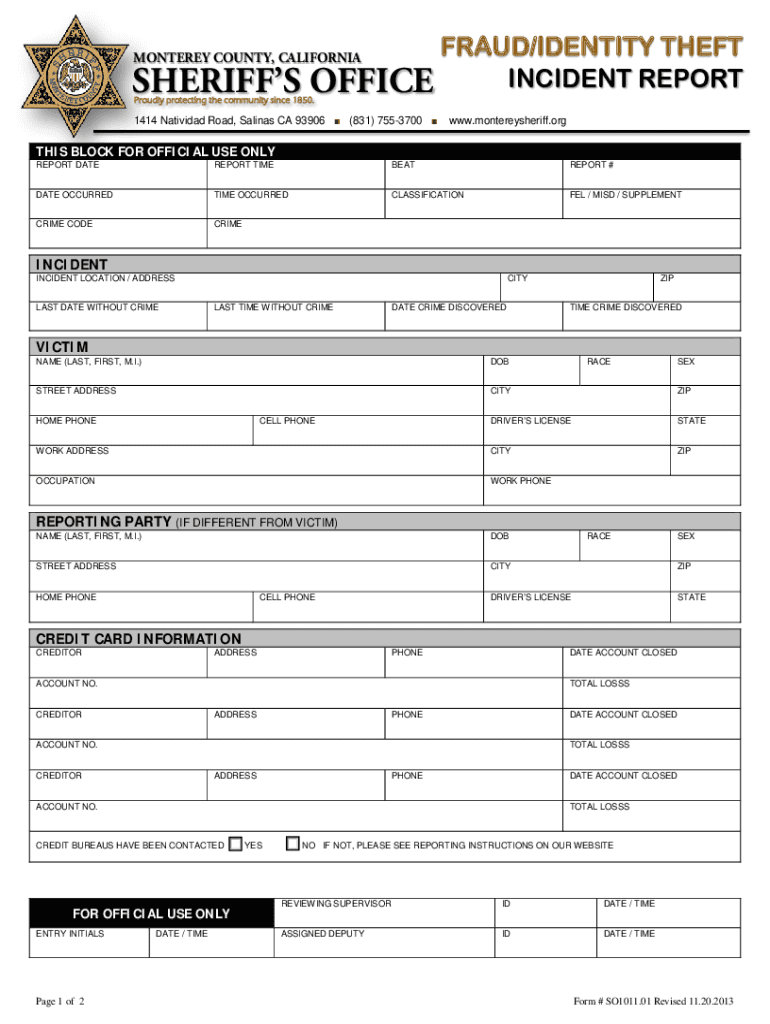 Fillable Online Montereysheriff Fraud Or Identity Theft Incident Report 