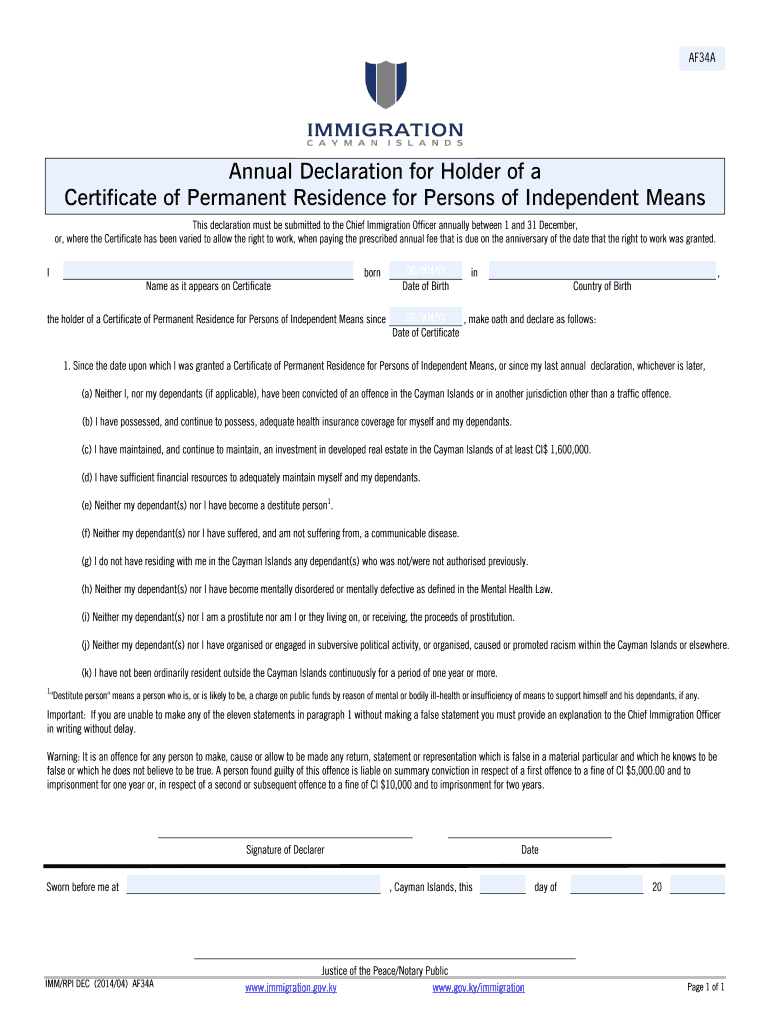 Fillable Online Declaration for bCertificateb of Permanent Residence ...