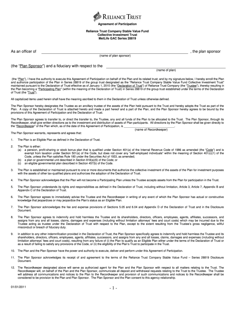 Fillable Online Agreement of Participation Reliance Trust Company ...