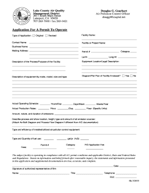 Fillable Online Permit to Operate bApplicationb Form - Lake County Air Quality bb Fax Email ...