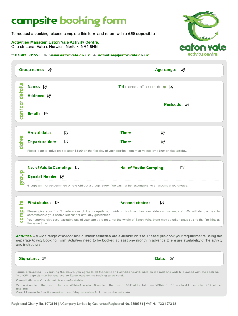 Fillable Online Campsite booking form - Eaton Vale Fax Email Print - pdfFiller