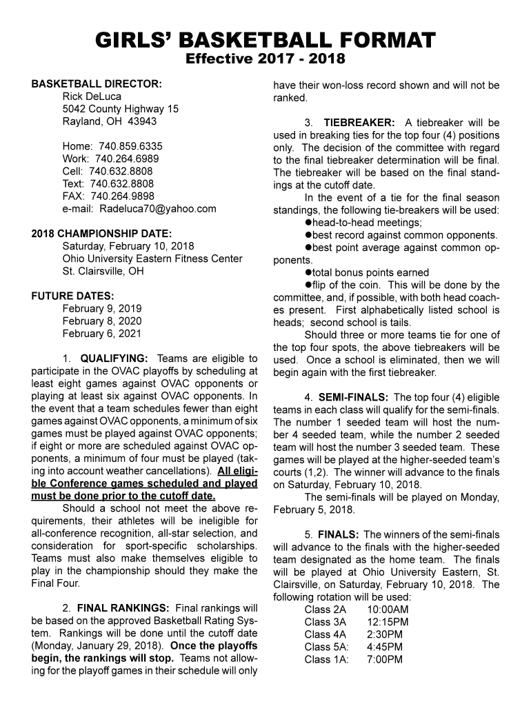 Fillable Online GIRLS BASKETBALL FORMAT Fax Email Print - pdfFiller