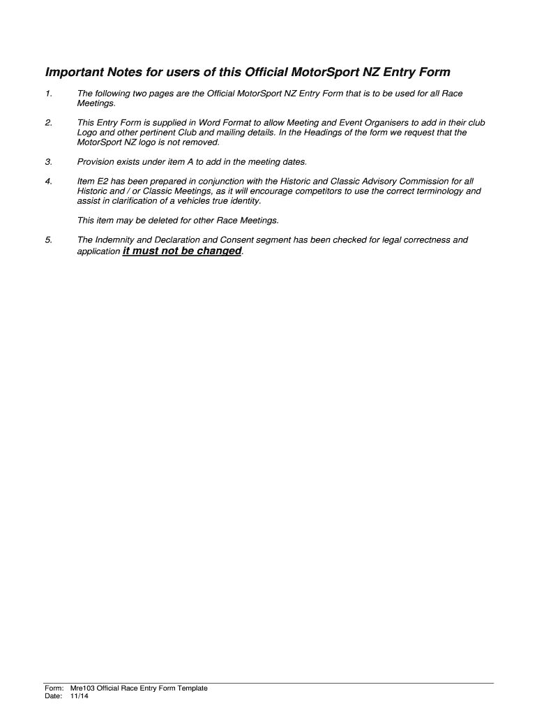 Fillable Online MRE103 Official Race Entry Form Templatepdf Fax Email ...