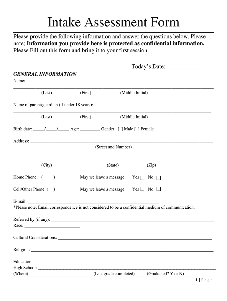 Intake Assessment Form Fill Online Printable Fillable Blank 