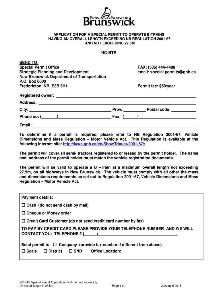 Fillable Online pxw1 snb Bapplicationb for a special permit to operate ...