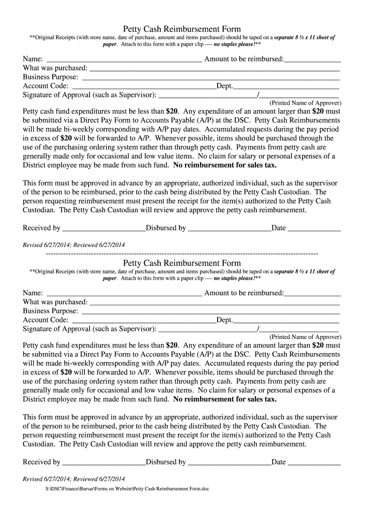 Fillable Online Petty Cash Reimbursement bFormb Petty Cash ...
