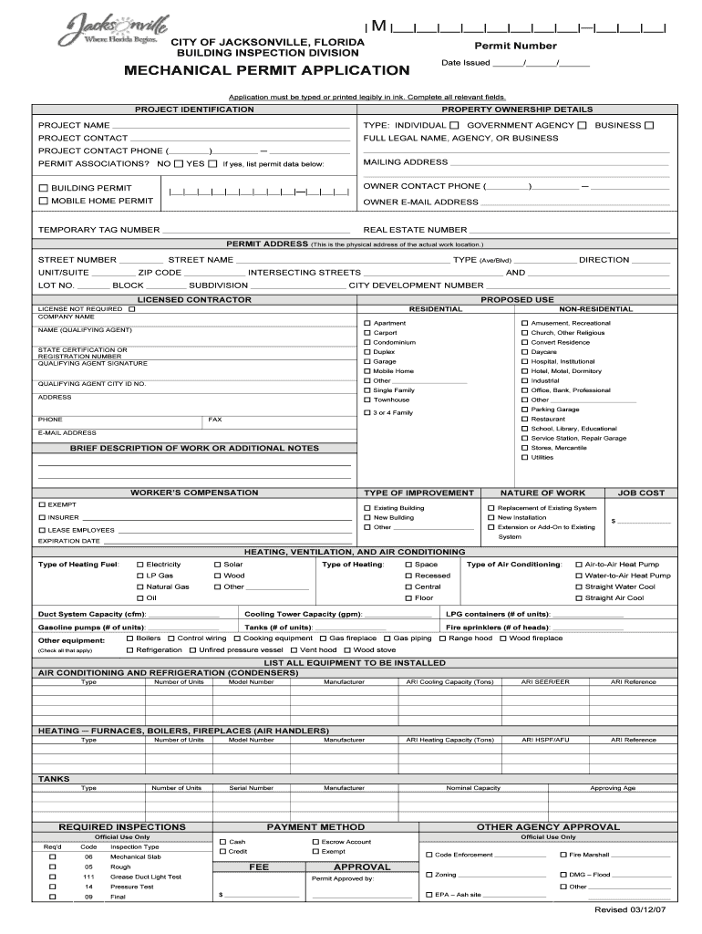 Fillable Online Mechanical Permit Form 0307.pdf Fax Email Print - pdfFiller