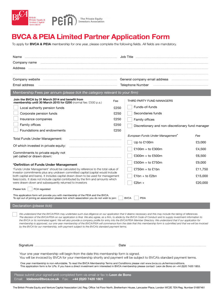 Fillable Online bvca co BVCA amp PEIA Limited Partner bApplicationb ...