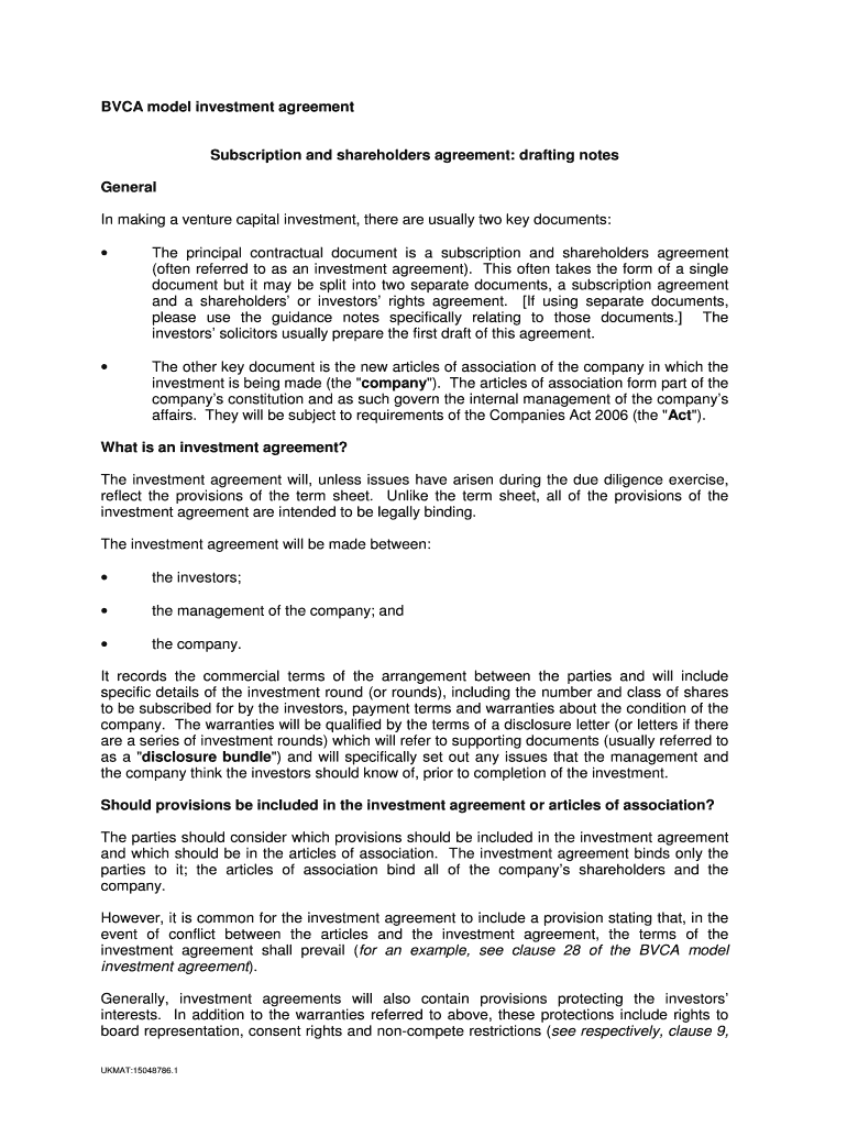 Fillable Online BVCA model investment agreement Fax Email Print - pdfFiller
