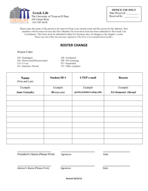 Fillable Online sa utep Roster Change Form 2012doc - sa utep Fax Email ...
