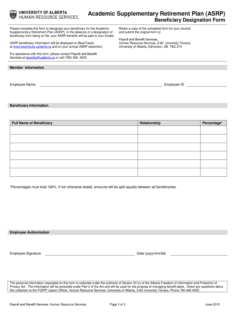 Fillable Online ASRP Beneficiary Designation - Human Resource Services ...