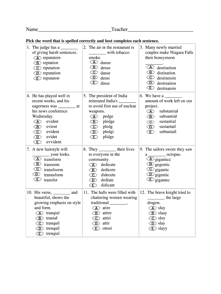 Fillable Online Pick the word that is spelled correctly and best ...