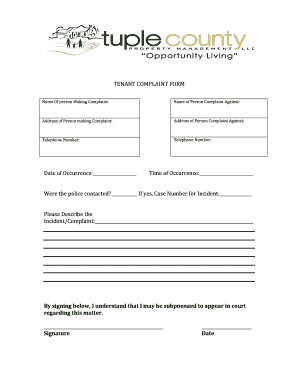 Fillable Online TENANT COMPLAINT FORM Fax Email Print - pdfFiller