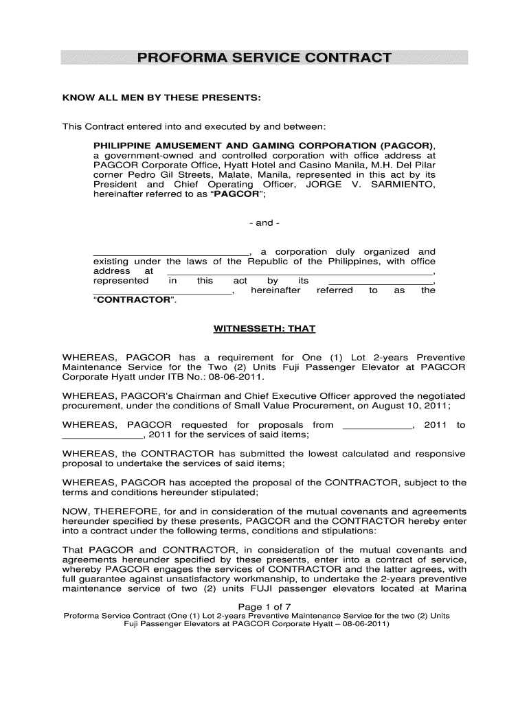 Fillable Online PROFORMA SERVICE CONTRACT - Pagcor Fax Email Print ...