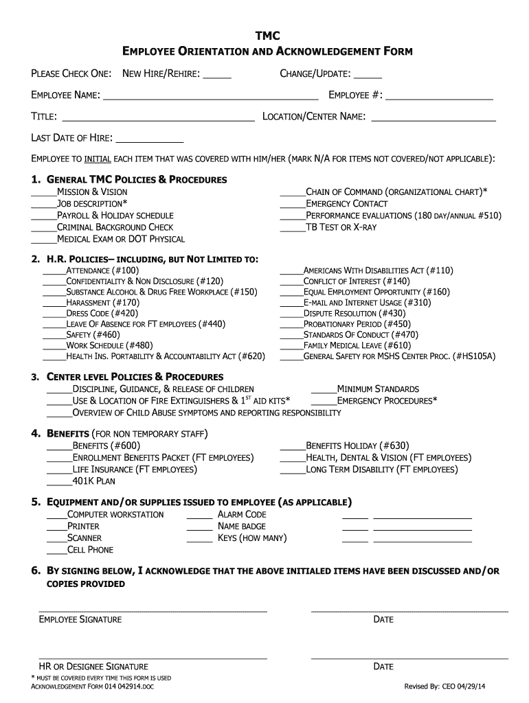 Fillable Online EMPLOYEE ORIENTATION AND ACKNOWLEDGEMENT FORM Fax Email ...