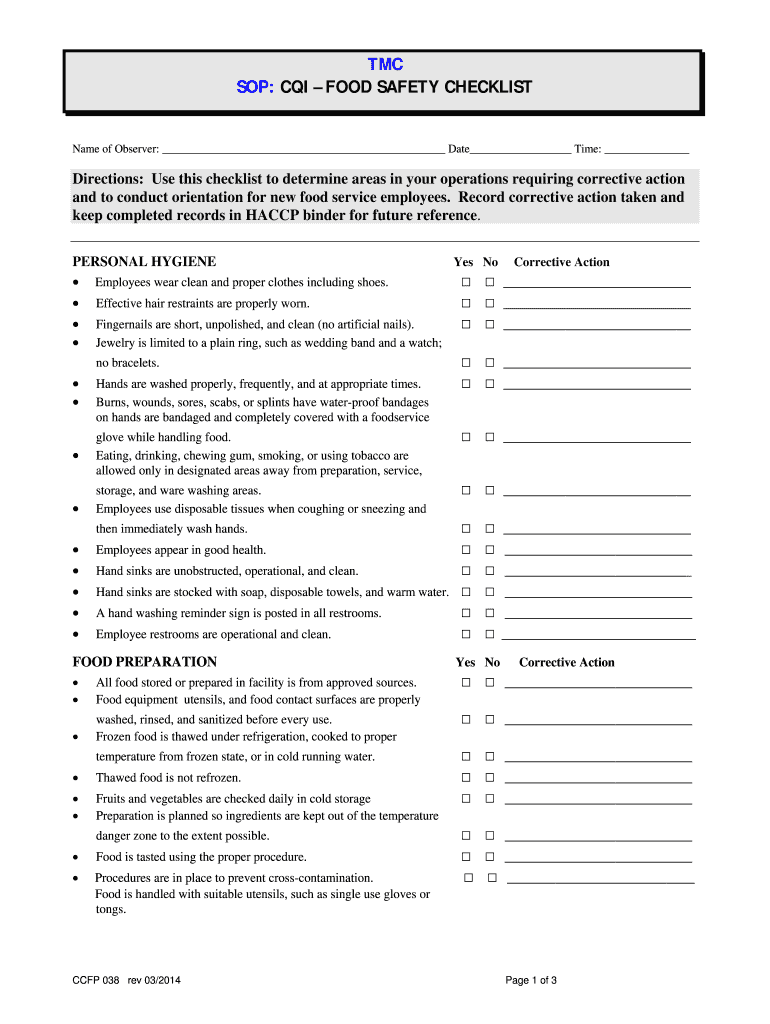 Fillable Online TMC SOP CQI FOOD SAFETY CHECKLIST Fax Email Print ...