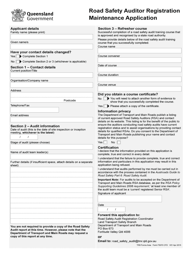 Fillable Online support transport qld gov Road Safety Auditor Registration Maintenance ...