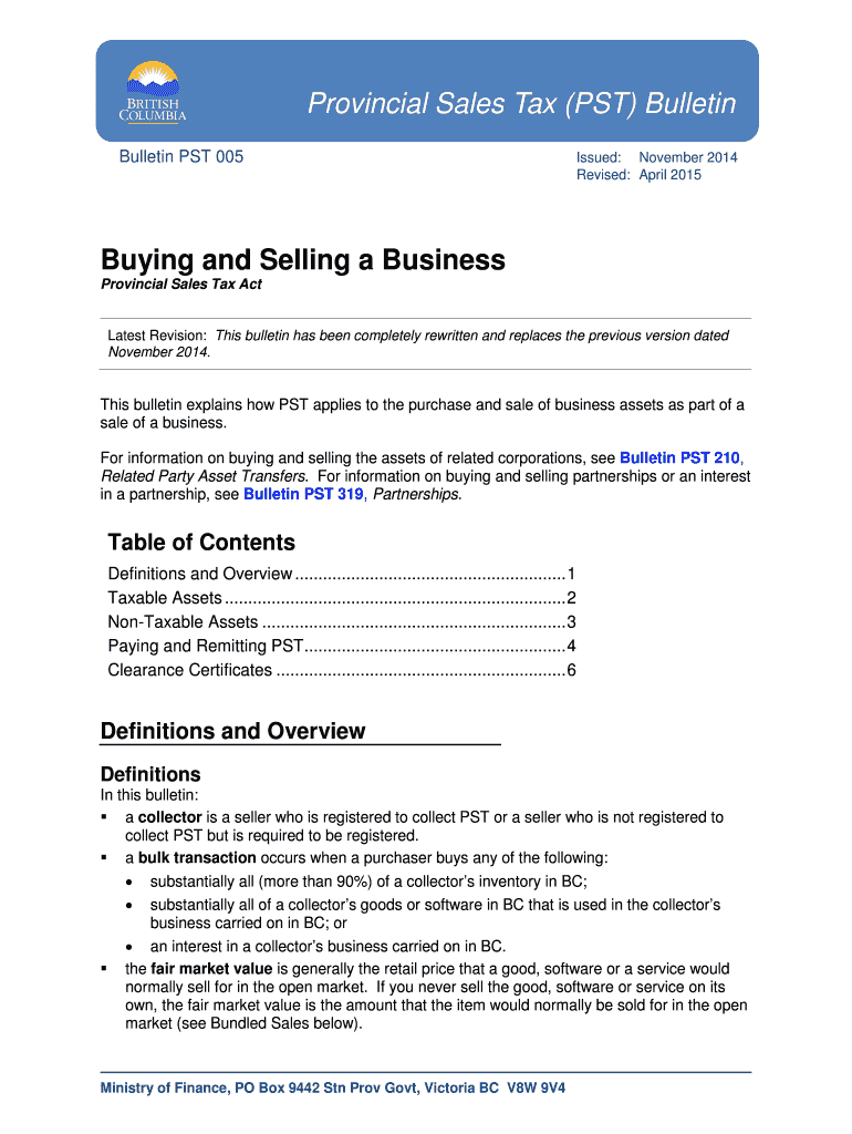 Fillable Online sbr gov bc Buying and Selling a Business This bulletin explains how PST applies ...