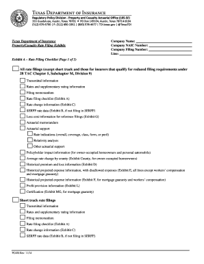 Fillable Online tdi texas Exhibit A - Rate Filing Checklist - Texas ...