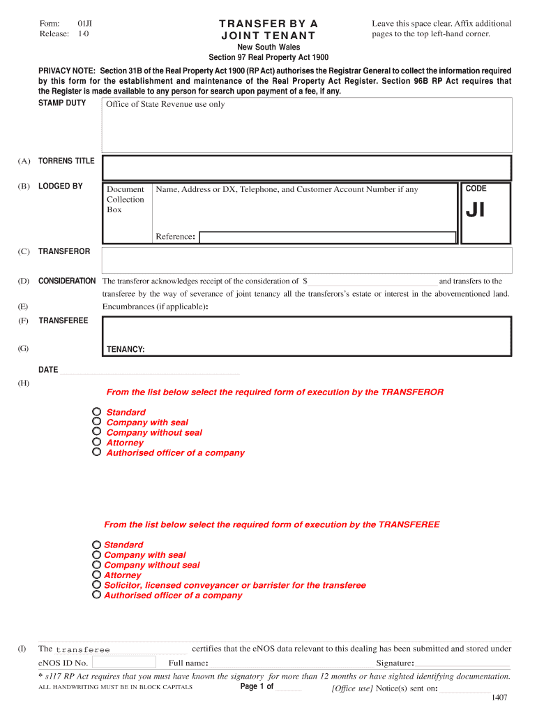 Fillable Online lpi nsw gov TRANSFER BY A JOINT TENANT - Land and ...