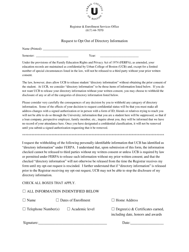Fillable Online urbancollege FERPA Opt-Out Policy - Urban College of Boston - urbancollege Fax ...