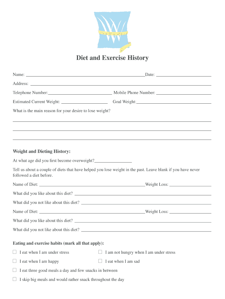 Fillable Online Diet and Exercise History Fax Email Print - pdfFiller