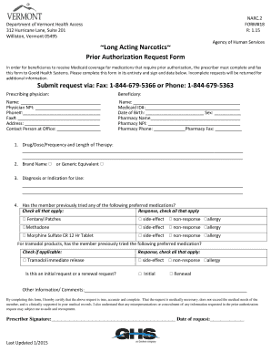 Fillable Online dvha vermont Long Acting Narcotics Prior Authorization ...