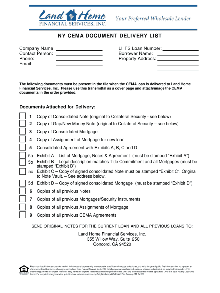 Fillable Online Ny cema document delivery list - Land Home Financial Services Fax Email Print ...