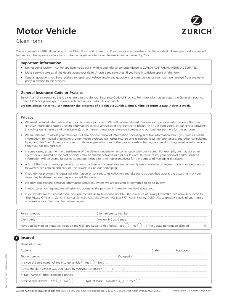 Fillable Online Zurich Motor Vehicle Claim bFormb Fax Email Print ...