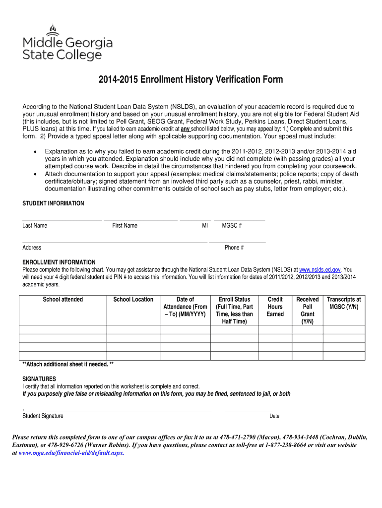 Fillable Online 20142015 Enrollment History Verification Form Fax Email ...