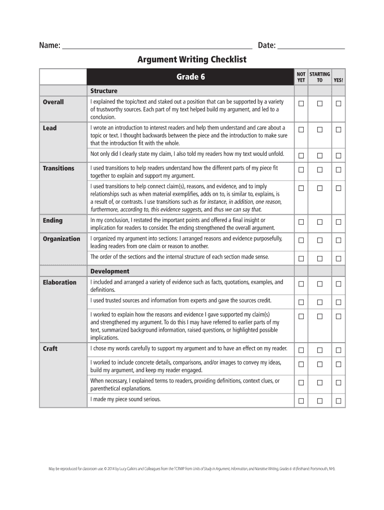 Fillable Online valhallaschools Argument Writing Checklist Fax Email ...
