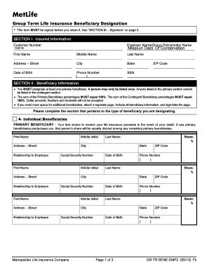 Fillable Online mdc mo MetLife Beneficiary Designation Form. MetLife ...