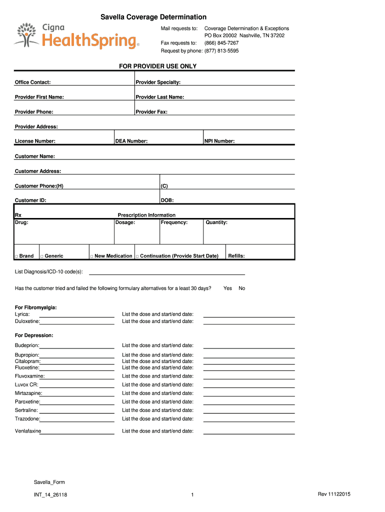 Fillable Online Savella Coverage Determination Form - Cigna Fax Email ...