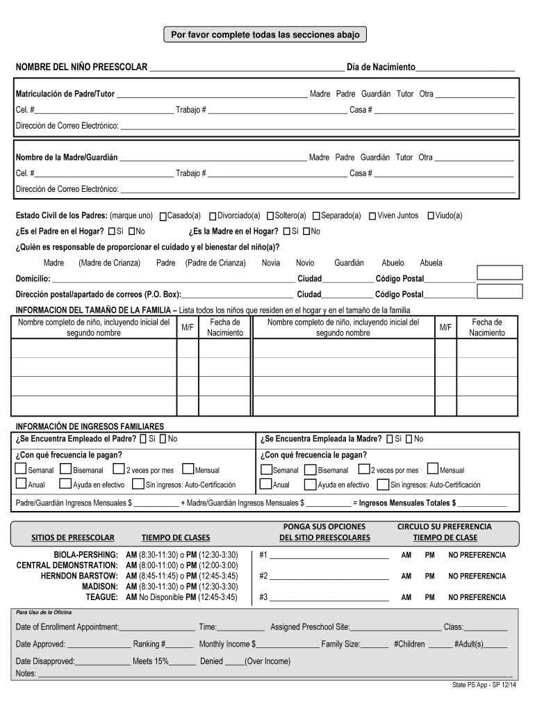 Fillable Online centralunified 2015-2016 APLICACIN PREESCOLAR DEL ...