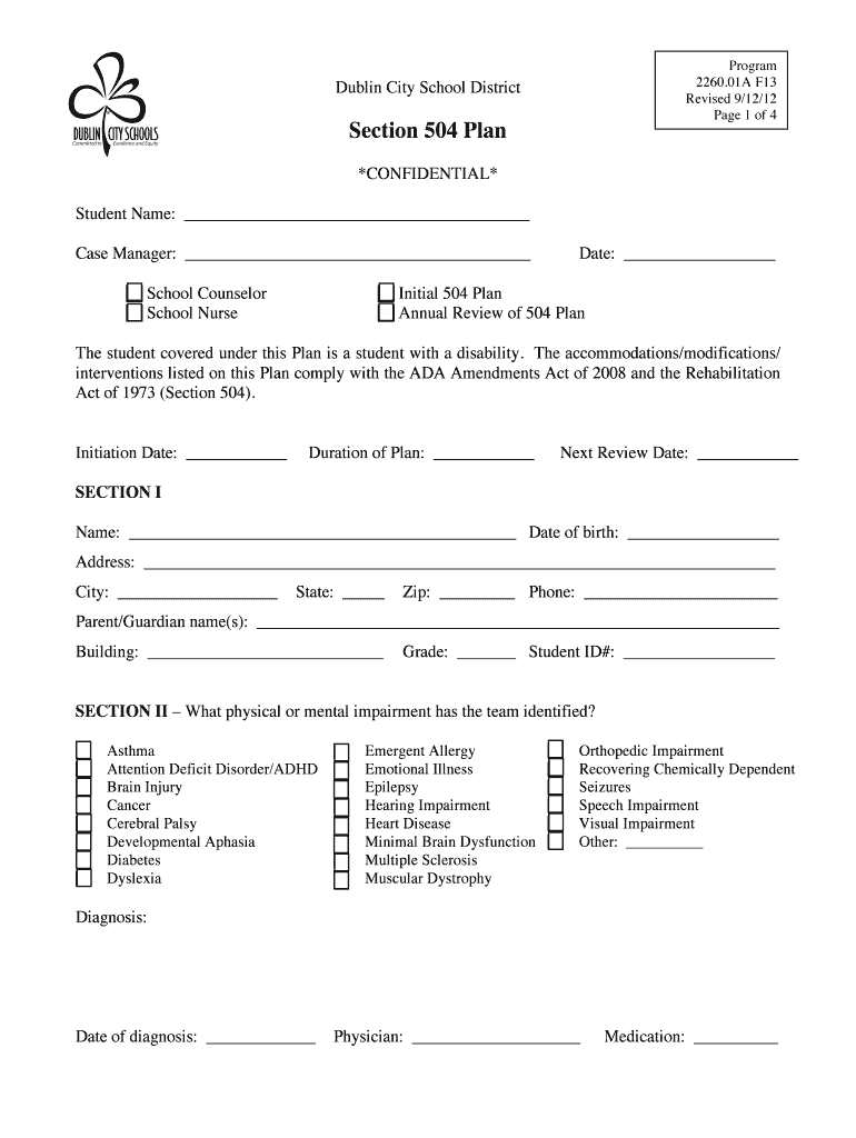 Fillable Online dublinschools Section 504 Plan - Dublin Schools Fax ...
