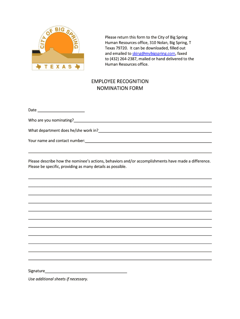 Fillable Online EMPLOYEE RECOGNITION NOMINATION FORM - City of Big ...