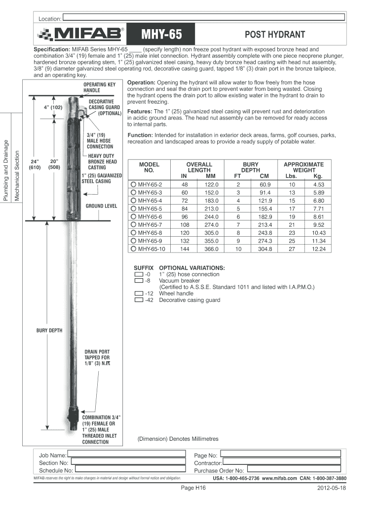 Fillable Online Location: MHY65 POST HYDRANT Specification: MIFAB ...