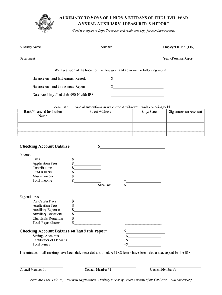 Fillable Online Form A04 - Aux Treasurer Report - National Auxiliary to ...