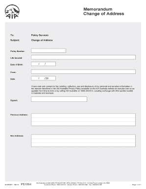 Fillable Online Memorandum Change of Address - AIA Australia Fax Email ...