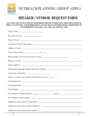 Fillable Online Outreach planning group opg speaker vendor request form ...