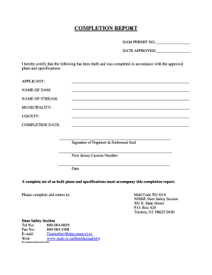 Fillable Online nj NJDEP-Dam Safety-Construction Completion Report form ...