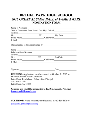 Fillable Online bpsd 2016 Great Alumni Hall of Fame Nomination Form - Bethel Park - bpsd Fax ...