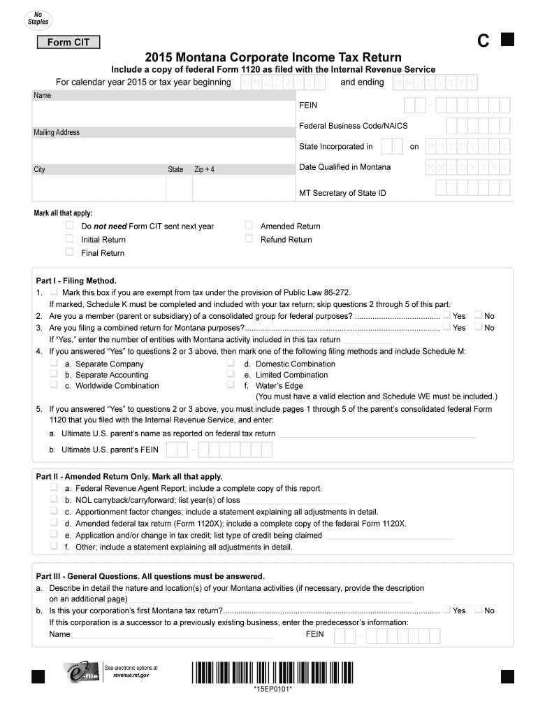 Fillable Online revenue mt No Staples Form CIT Clear Form C 2015 ...