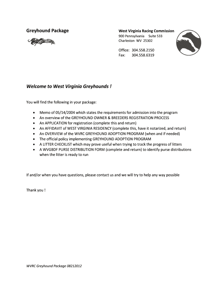 Fillable Online WVRC Greyhound Package - West Virginia Racing ...