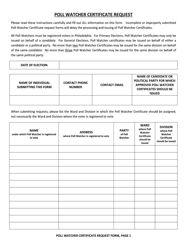 Fillable Online POLL WATCHER CERTIFICATE REQUEST Fax Email Print ...